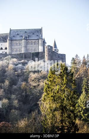 Exterior view of Vianden Castle with towers and fortifications on a ...