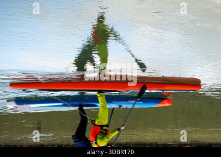 Two paddlers paddle with their SUP boards on the Ruhr, evening light ...