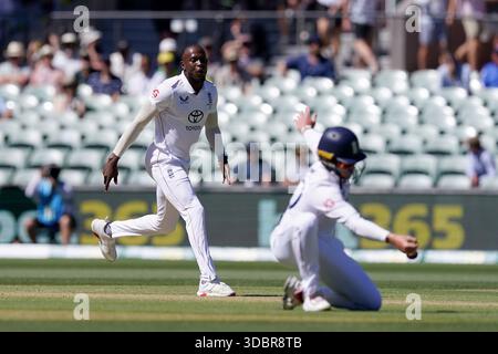 Jofra Archer of England fields the ball during the 2nd Rothesay Test ...