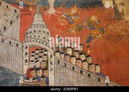 Traditional Asian religious mural depicting mythological figures in ...