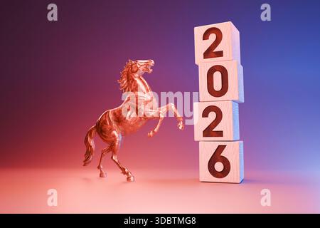 Year of the Fire Horse 2026 concept. Dynamic red horse next to wooden ...