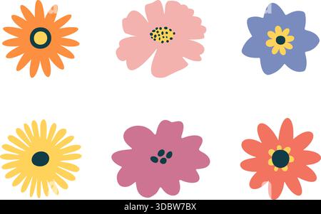 Set of flat flowers in retro style. Abstract vintage style 1960-1970 ...