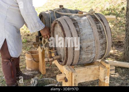 Medieval wooden beer barrel with spigots Stock Photo - Alamy