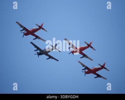 Squadron of KAI KT-1 Woongbi aircraft of the Peruvian Air Force flying ...