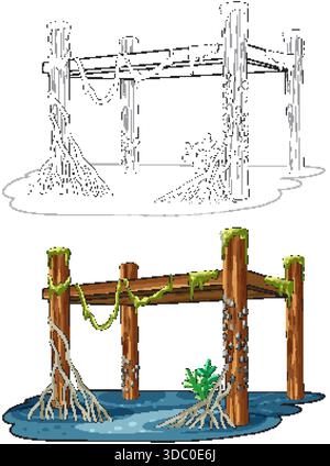 Forest swamp with wooden pier - cartoon vector illustration of summer ...