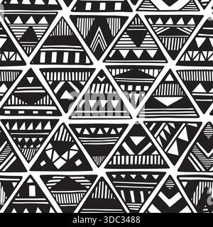 Trippy boho geometric pattern with lines, waves and circles. Black and ...