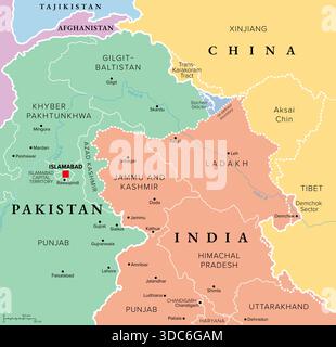 Kashmir, region in South Asia, political map. Disputed area between ...