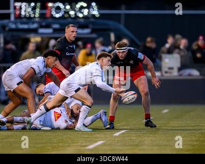 Exeter Chiefs' Stephen Varney kicks clear during the Gallagher PREM ...