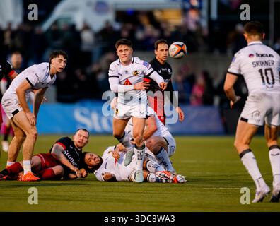 Exeter Chiefs' Stephen Varney kicks clear during the Gallagher PREM ...