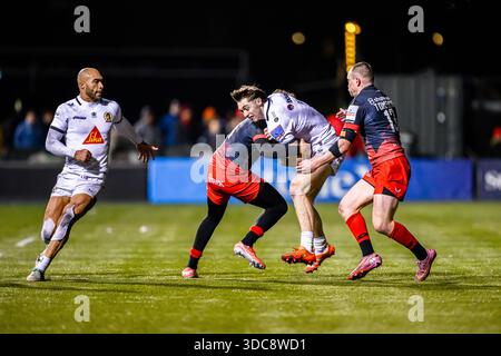Exeter Chiefs' Campbell Ridl is tackled by Leicester Tigers' Ollie ...