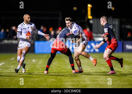 Exeter Chiefs' Campbell Ridl is tackled by Leicester Tigers' Ollie ...