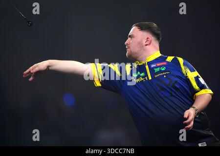England's Luke Littler during his match against England's Ryan Searle ...