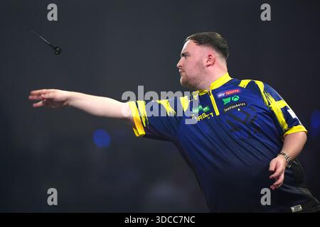 England's Luke Littler during his match against England's Ryan Searle ...