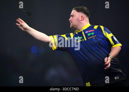 England's Luke Littler during his match against England's Ryan Searle ...
