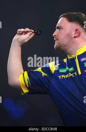 England's Luke Littler during his match against England's Ryan Searle ...