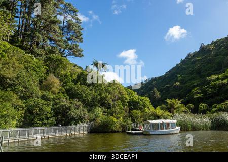 Boat on the lower dam at Zealandia, formerly known as the Karori ...