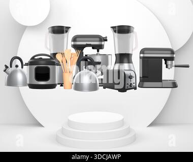 Set of kitchen appliances and utensils floating on podium with abstract ...
