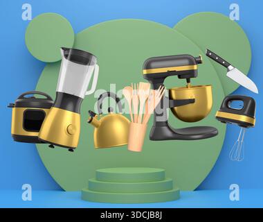 Set of kitchen appliances and utensils floating on podium with abstract ...
