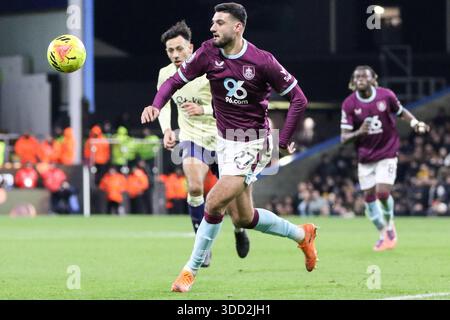Armando Broja #27 of Burnley F.C heads the ball during the Premier ...