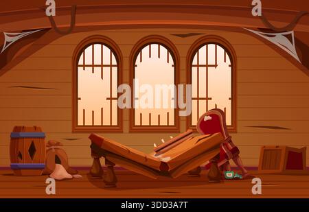 Abandoned pirate ship cabin interior with broken window, damaged ...