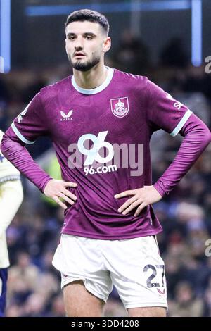 Armando Broja #27 of Burnley F.C heads the ball during the Premier ...