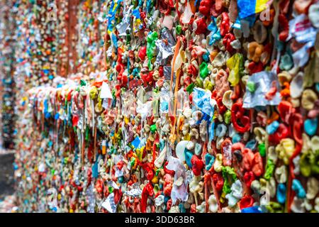 The famous Gum Wall is captured in a close-up view located in the ...