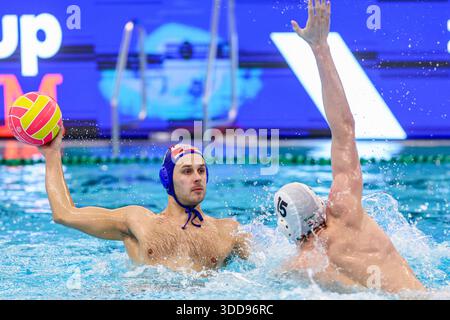 Loren Fatovic of Croatia, Vince Varga of Hungary during the Waterpolo ...