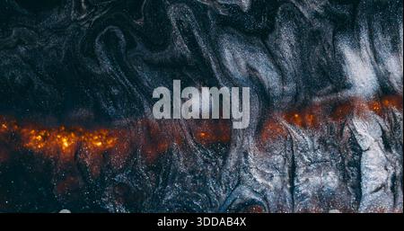 Glitter wave. Paint lava. Black ash shimmering emulsion spill on wet ...