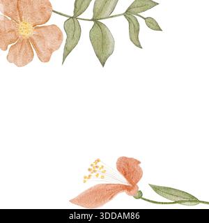 Floral frame horizontal border, peach blossoms, green leaves ...