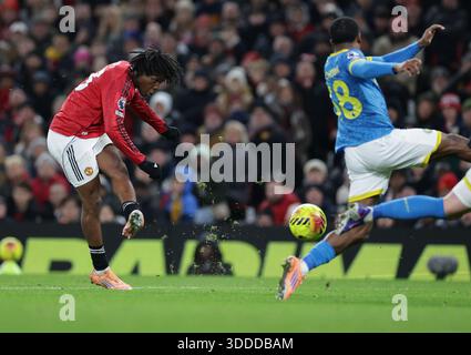 Patrick Dorgu of Manchester United shoots on goal during the Premier ...
