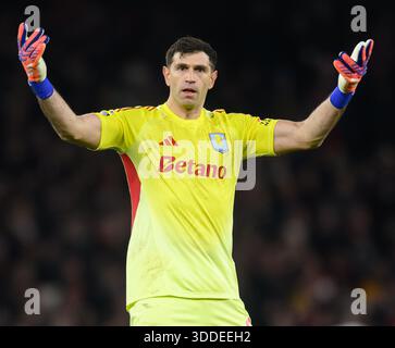Aston Villa goalkeeper Emiliano Martinez shakes hands with fans before ...