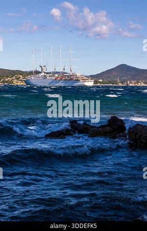 Hybrid diesel/sail cruise ship “Club Med 2” on a rough sea in the Gulf ...
