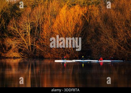 Kayakers on the River Trent at Holme Pierrepont, Nottinghamshire, as ...