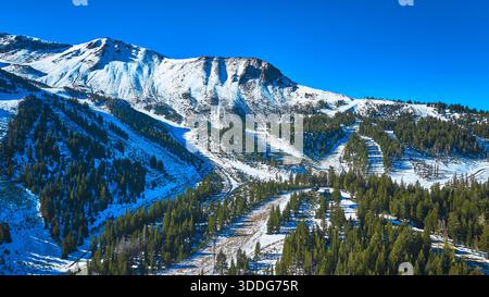 An aerial view of a forest landscape covered with snow and a mountain ...
