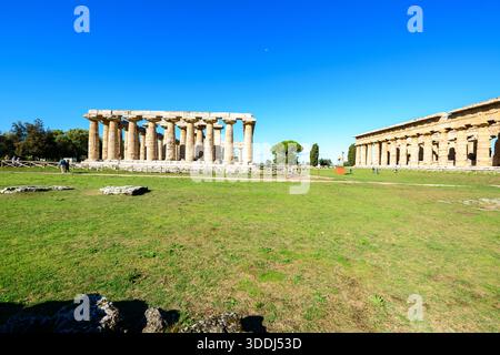 Ancient Doric temple at Paestum framed by trees, with mountains in the ...