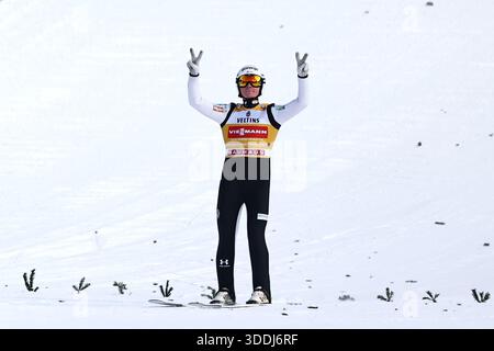 Domen Prevc, of Slovenia, celebrates after his second round jump at the ...