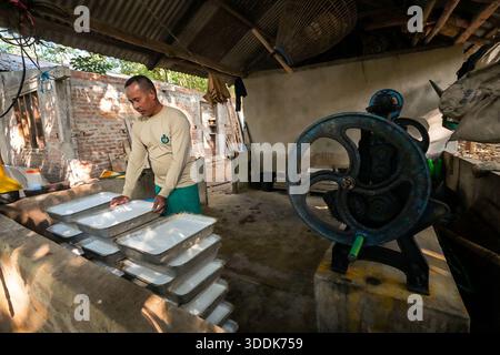 Rubber latex coagulum in coagulation troughs, East Malaysia Stock Photo ...