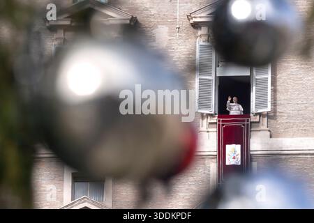 Pope Leo XIV delivers his Angelus prayer from the central loggia of St ...