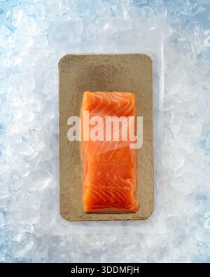 A piece of raw fish is vacuum-sealed in a clear plastic bag with a ...