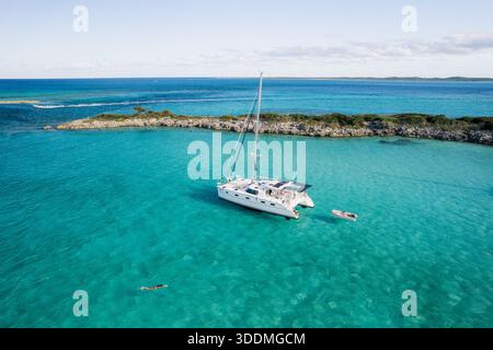 Aerial View of Catamaran Anchored in Turquoise Adriatic Cove, Croatia ...