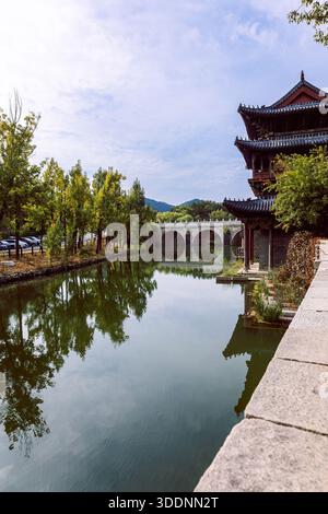 A serene walkway beside a canal is lined with tall trees under a ...