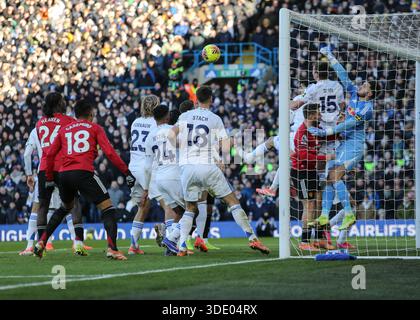 Lucas Perri of Leeds United punches a ball clear during the Premier ...