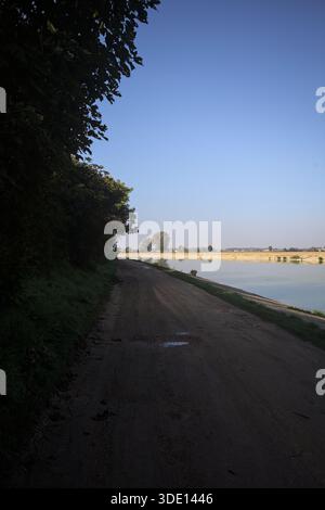 Dirt trail by the bank of a diversionary channel full of poppies ...