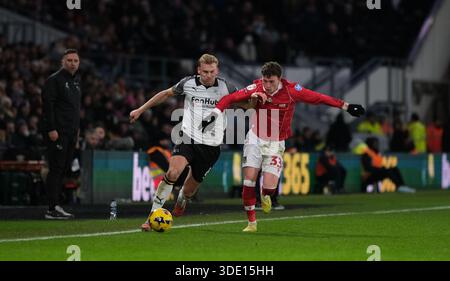 Sondre Langås of Derby County challenges Noah Okafor of Leeds United ...