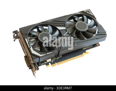 Modern graphics card with fan cooler top view on white background ...