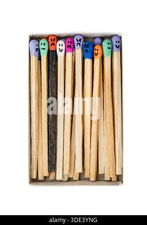 Box with Multicolored matchsticks with faces painted on the heads Stock ...