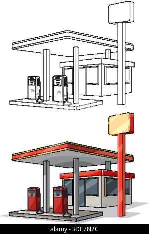 Modern roadside gas station vector, showing clean line-art outline and ...