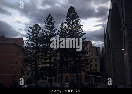 Square under the arches of a bridge with trees and covered boats in an ...