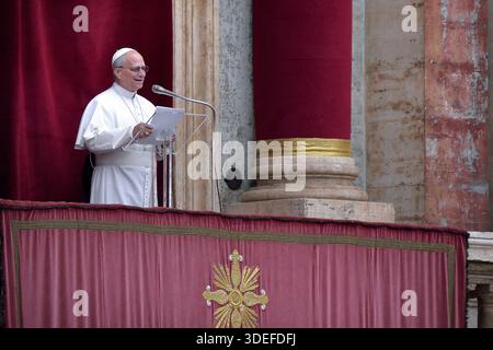 Pope Leo XIV delivers the Angelus noon prayer in St. Peter's Square at ...