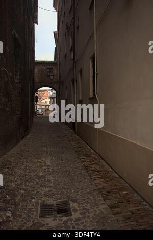 Narrow cobbled alley partially in the shade in an italian town seen ...